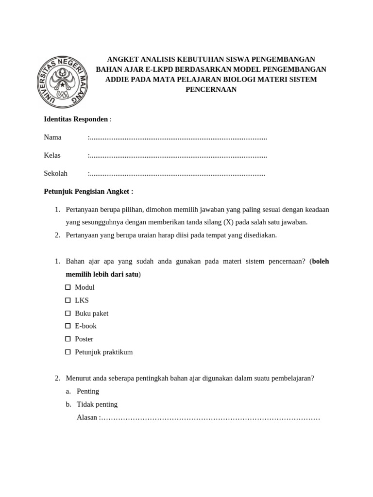Angket Analisis Kebutuhan Siswa | PDF