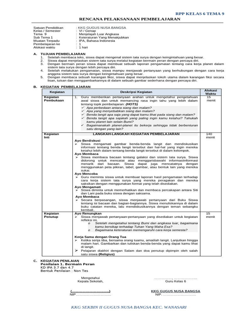 RPP Tema 9 1 Lembar | PDF