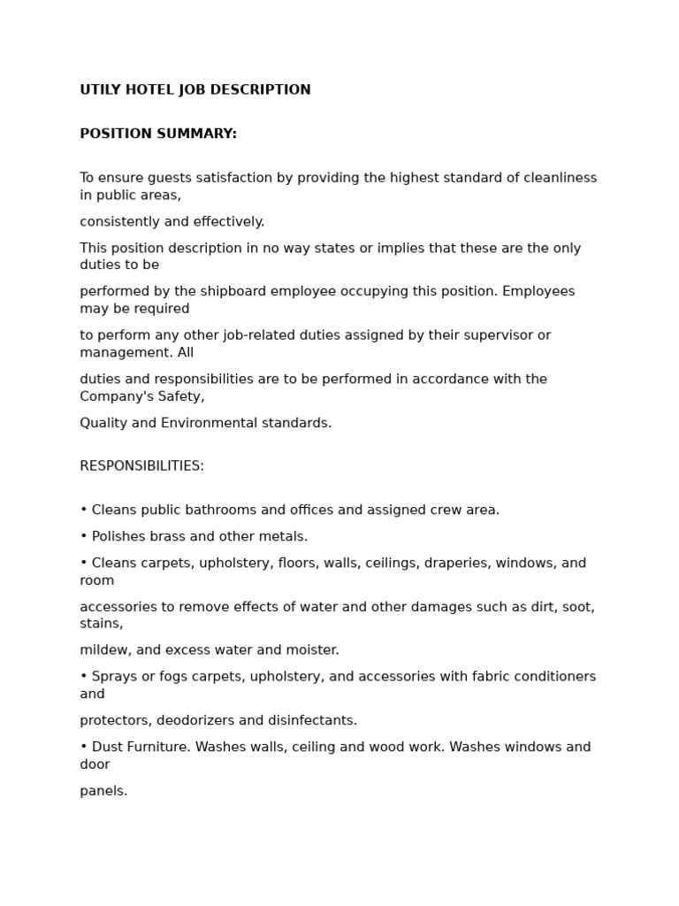 UTILY HOTEL and RESTAURANT JOB DESCRIPTION | PDF