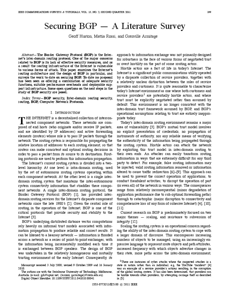 Securing BGP - A Literature Survey | PDF | Routing | Internet Protocols