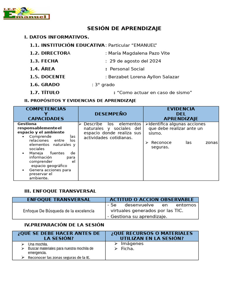 SESIÓN DE APRENDIZAJE - P.Social (como actuar en caso de sismo) | PDF SESIÓN DE APRENDIZAJE - P.Social (como actuar en caso de sismo) | PDF