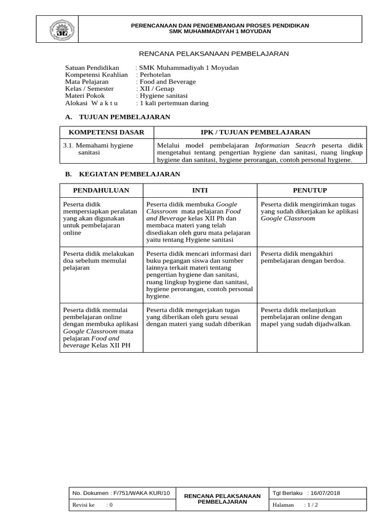 RPP Daring FNB Kelas Xii PH KD 3.1 | PDF