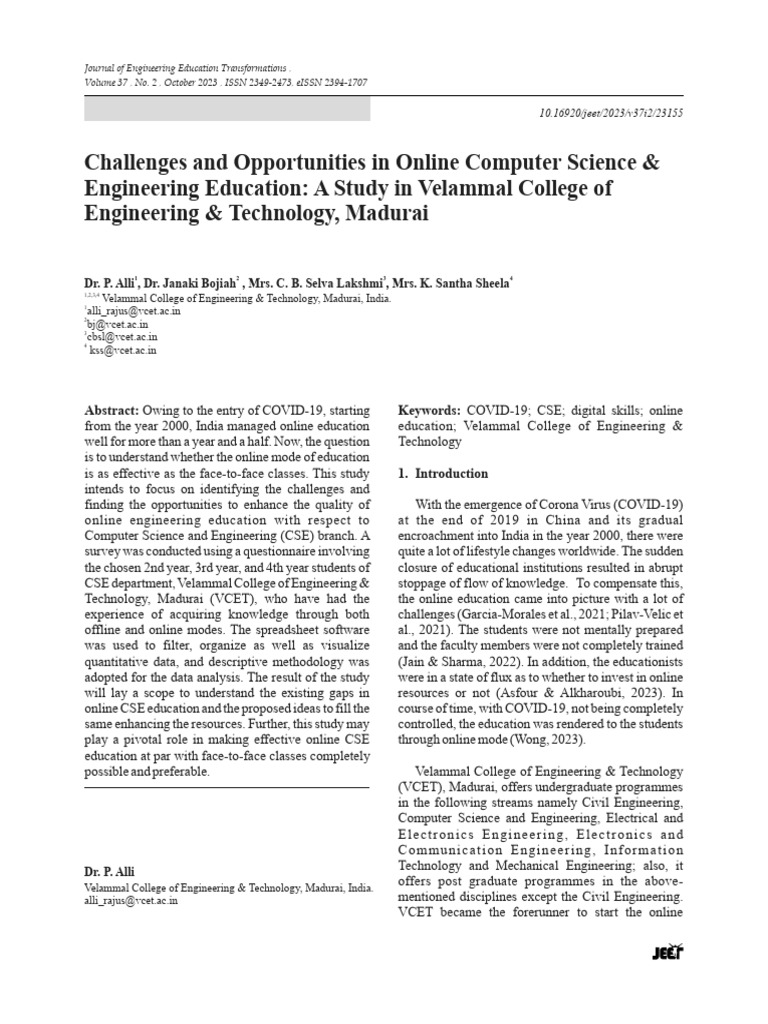 Challenges and Opportunities in Online Computer Science & Engineering Education: A Study in ...