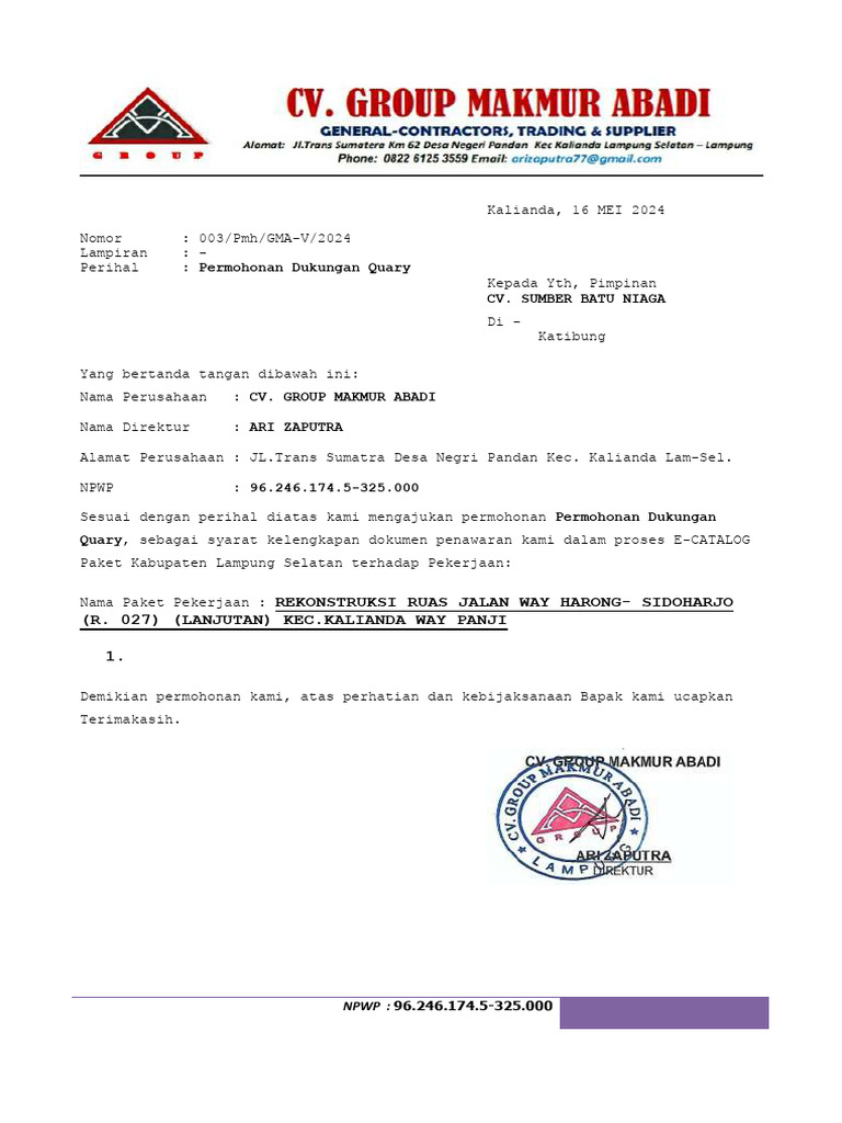 Surat Permohonan Quarry Way Arong Gma | PDF