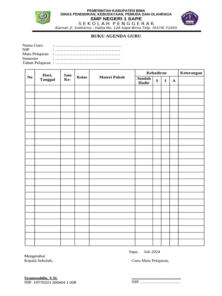 Format Buku Agenda Guru 2024 2025 | PDF