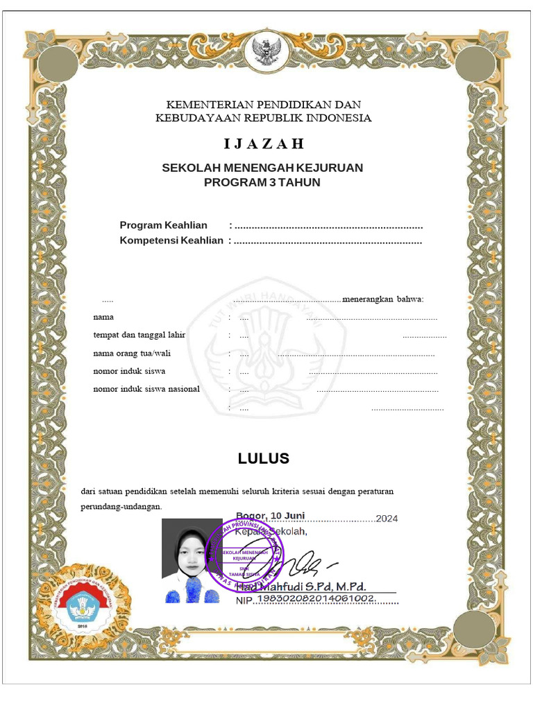 IJAZAH SMK 2024 PARIWISATA | PDF