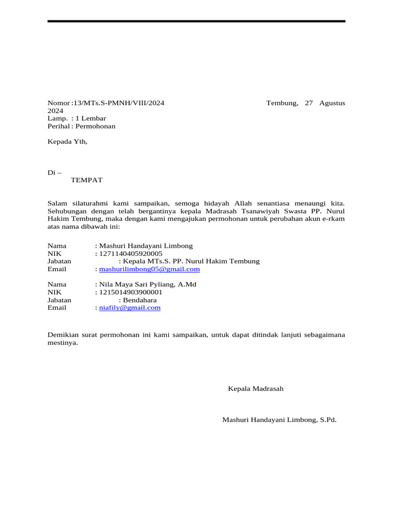 Permohonan Perubahan Akun E-RKAM | PDF