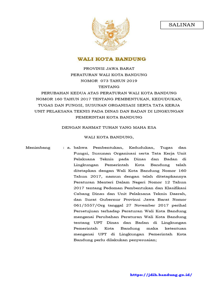 AUTENTIFIKASI PERWAL 073 TAHUN 2019 Perubahan UPT BPPD | PDF