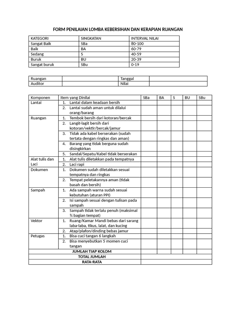 Form Penilaian Lomba Kebersihan Dan Kerapian Ruangan | PDF