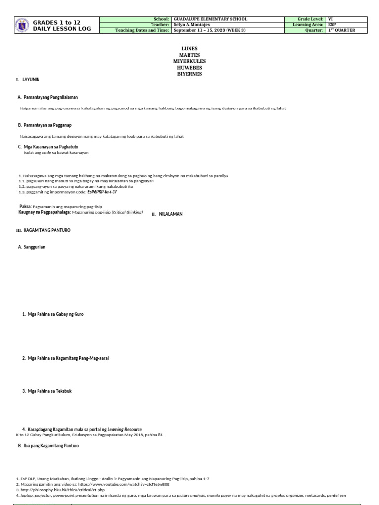 DLL_EDUKASYON SA PAGPAPAKATAO 6_Q1_W3 ok | PDF DLL_EDUKASYON SA PAGPAPAKATAO 6_Q1_W3 ok | PDF