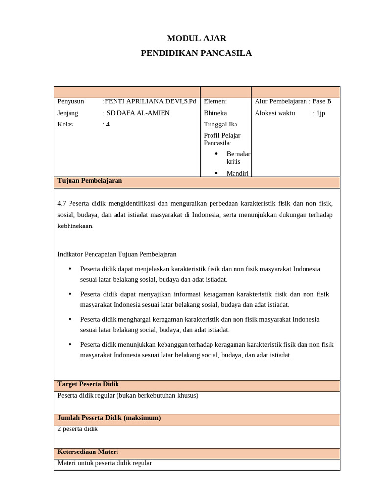 Modul Ajar PP Kelas 4 | PDF