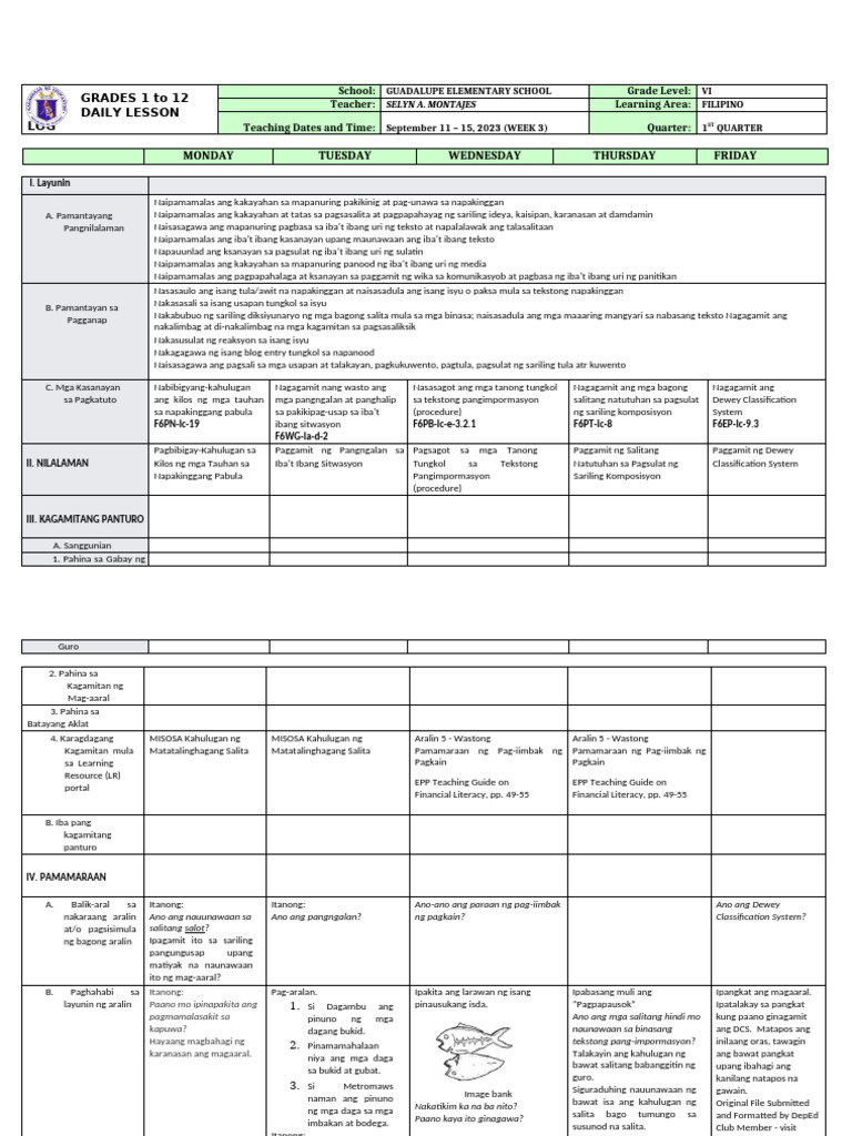 DLL - FILIPINO 6 - Q1 - W3 Ok | PDF