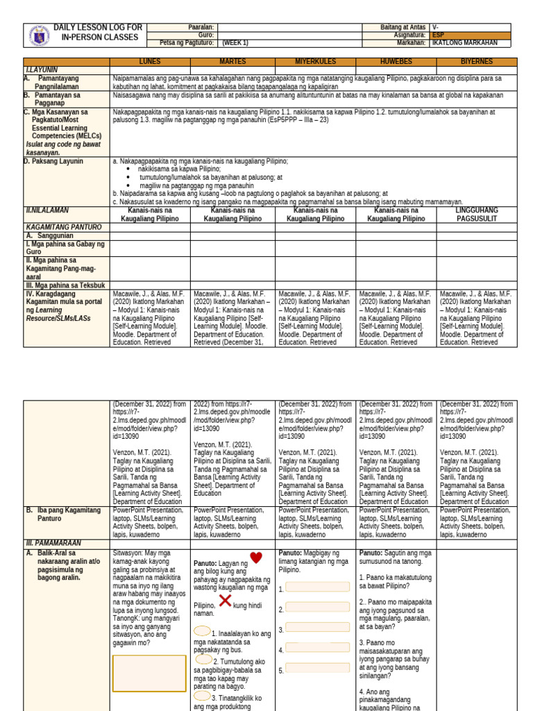 G5 Q3W1 DLL ESP (MELCs) | PDF