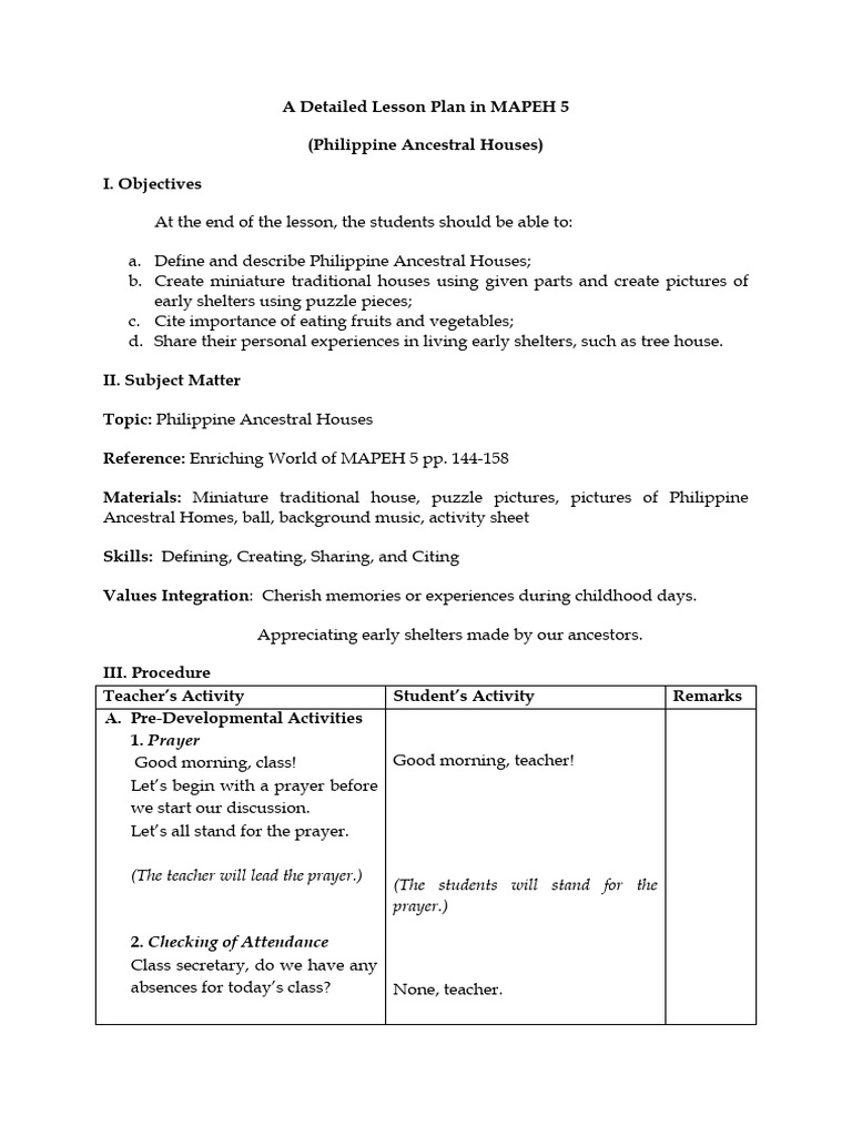 A Detailed Lesson Plan in MAPEH 5 | PDF | Mosque | Lesson Plan