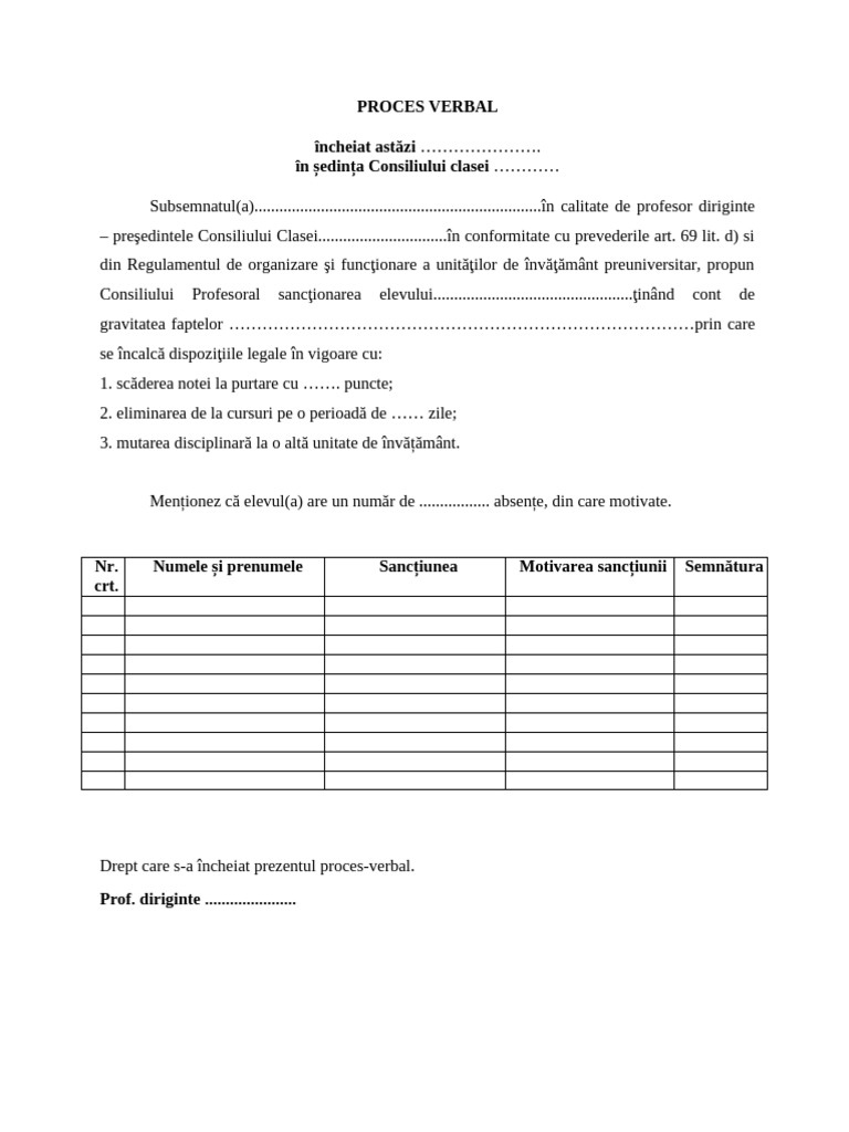 Proces Verbal Consiliul Clasei | PDF