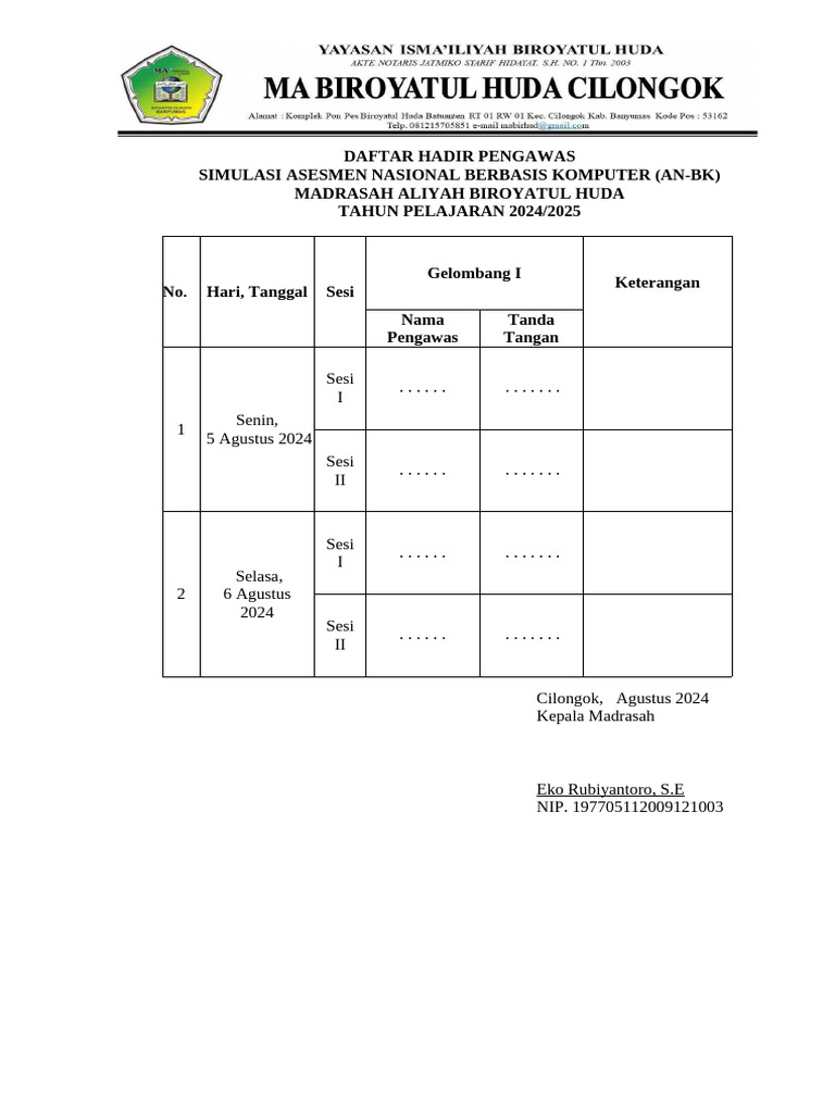 Daftar Hadir Pengawas Simul Anbk 2024 | PDF
