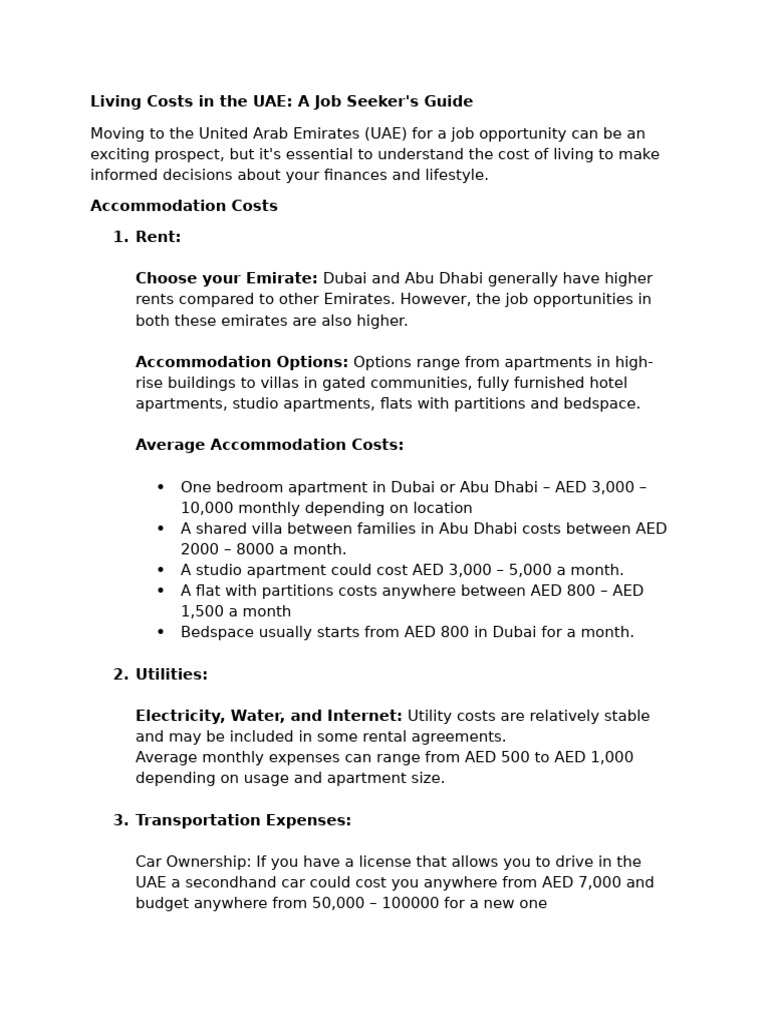 Living Costs in The UAE - A Job Seeker's Guide | PDF