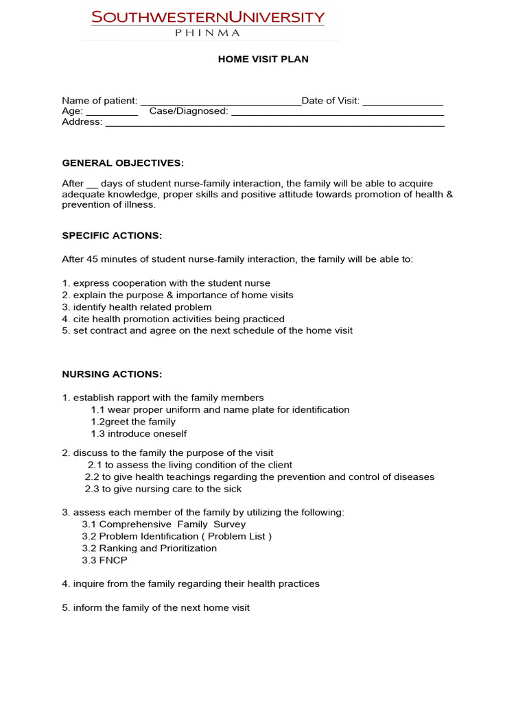 CHN Home Visit Plan pg1 | PDF | Self-Improvement | Wellness