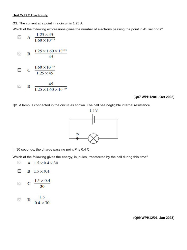 Electricity MCQ | PDF