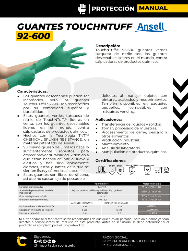 FT - GUANTE TouchNTuff 92-600 - ANSELL - CERTIFICADO | PDF