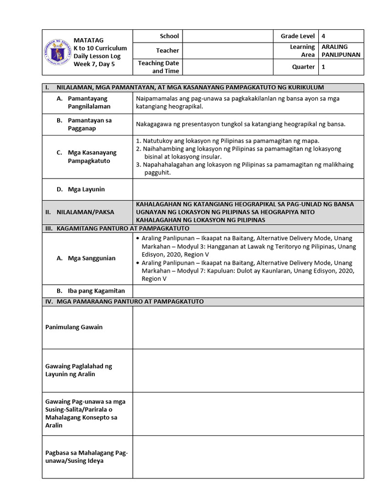 DLL Matatag AP - 4 - Q1 - W7 - Day 5 | PDF
