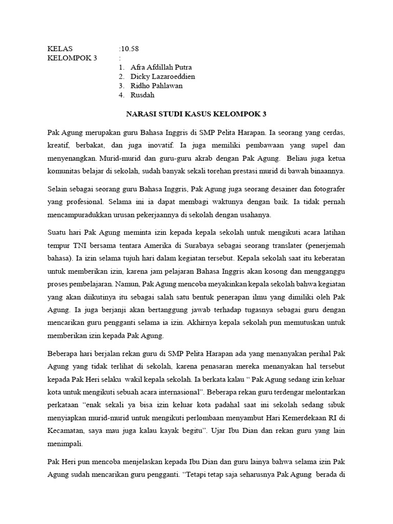 Contoh NARASI STUDI KASUS KELOMPOK 3-KELAS 58 | PDF