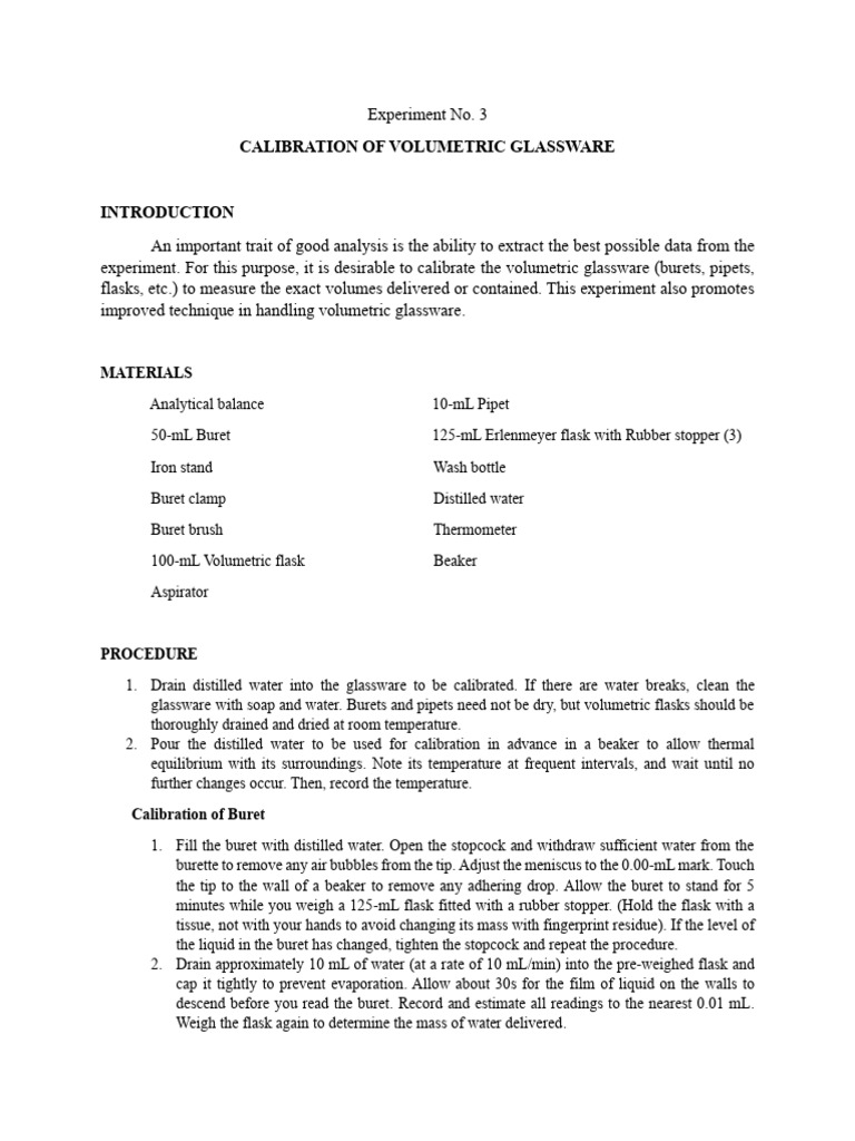 Experiment 3 Calibration of Volumetric Glassware | PDF
