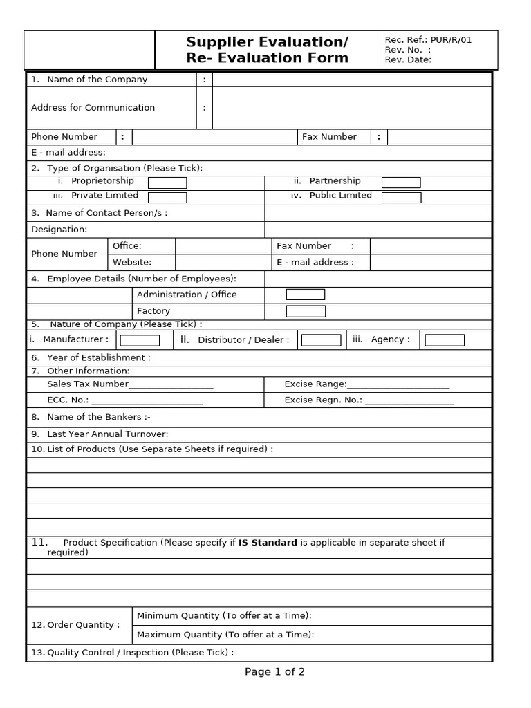 R01 - Supplier Evaluation Form | PDF