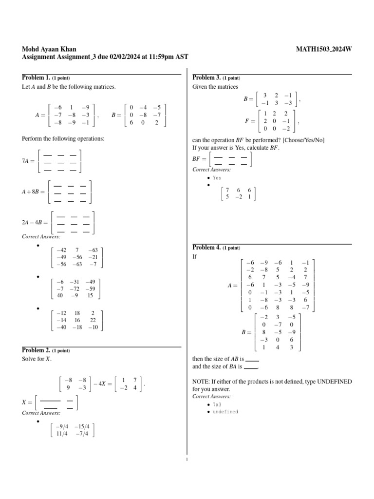 MATH1503 2024w.ayaan - Khan.assignment 3 | PDF