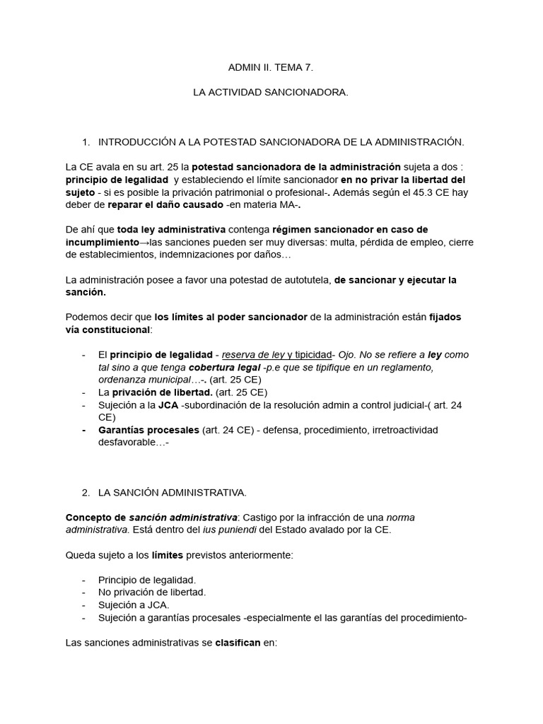 ADMIN II. Tema 7. La Actividad Sancionadora. | PDF