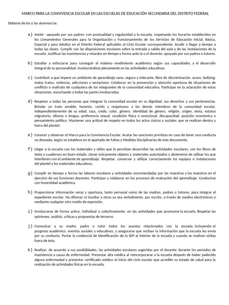 Marco para La Convivencia Escolar en Las Escuelas de Educación ...