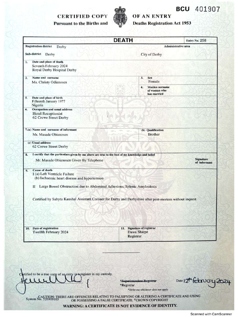 Ms. Christy Odianosen Death Certi. | PDF