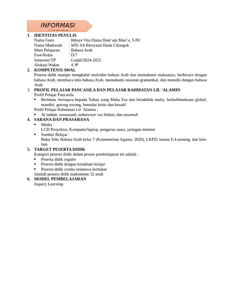 Modul-Ajar-Bahasa-Arab-Kelas-7-Fix Semester 1 | PDF