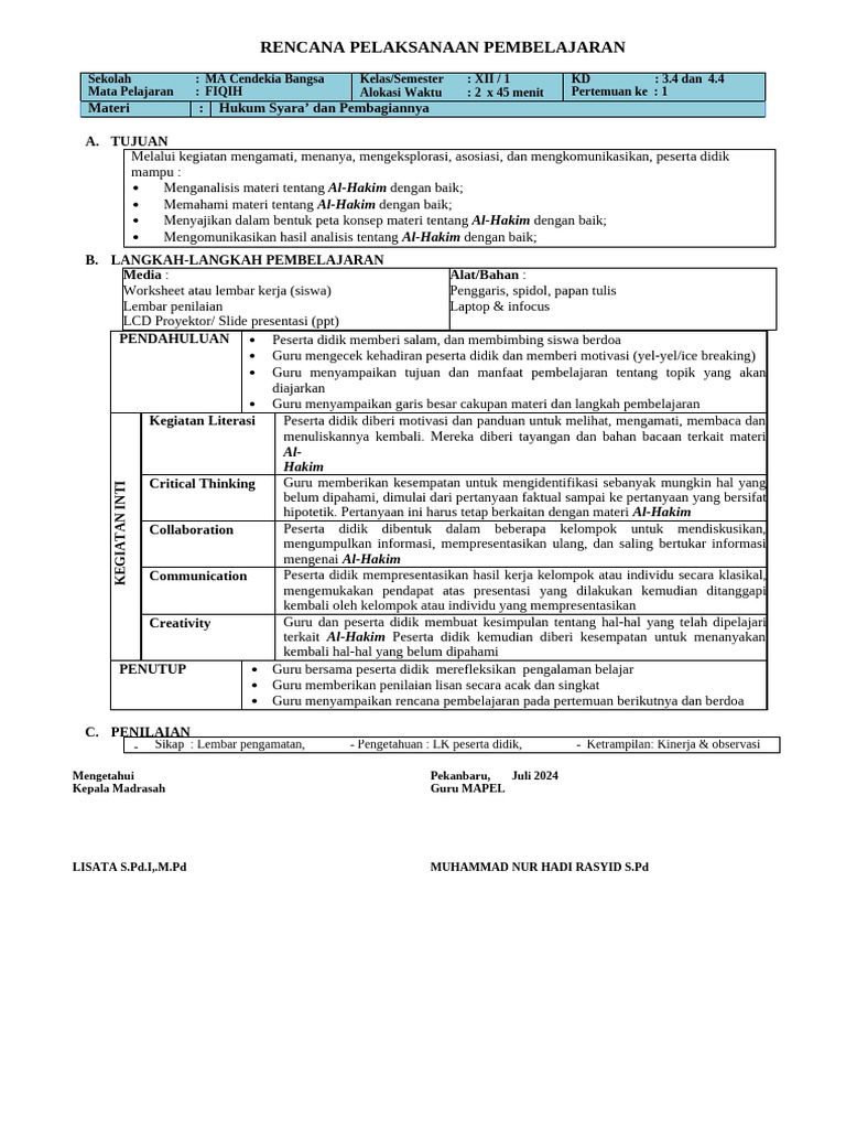 06-Rpp-1-Lembar-Fiqih-Kelas-12-Kd-04 Ready | PDF