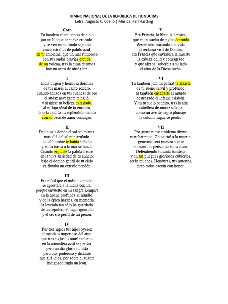 Himno Nacional de Honduras, Letra | PDF