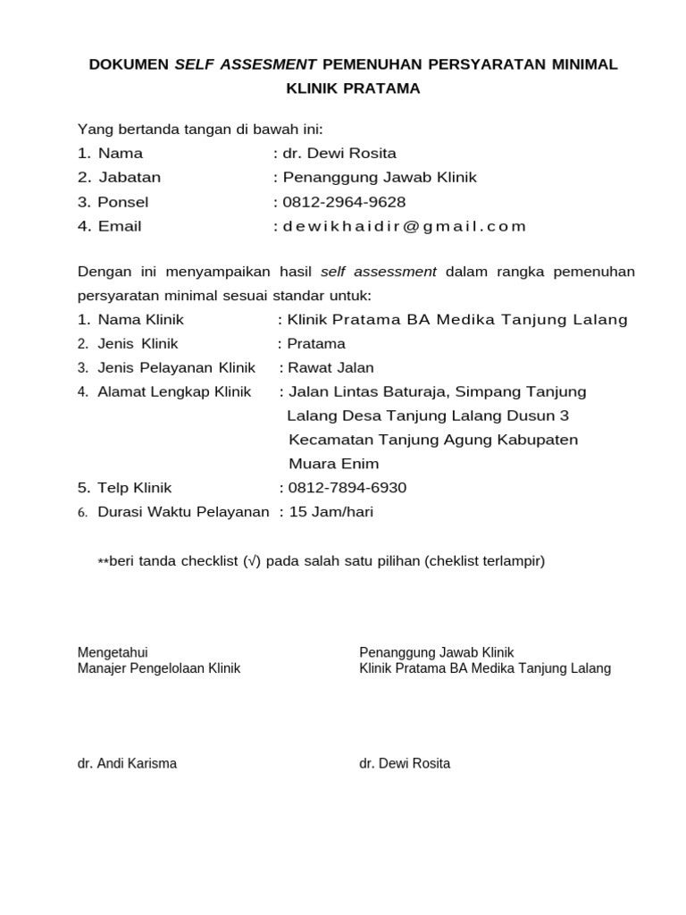 Dokumen Self Assesment Pemenuhan Persyaratan Minimal Klinik Pratama X | PDF