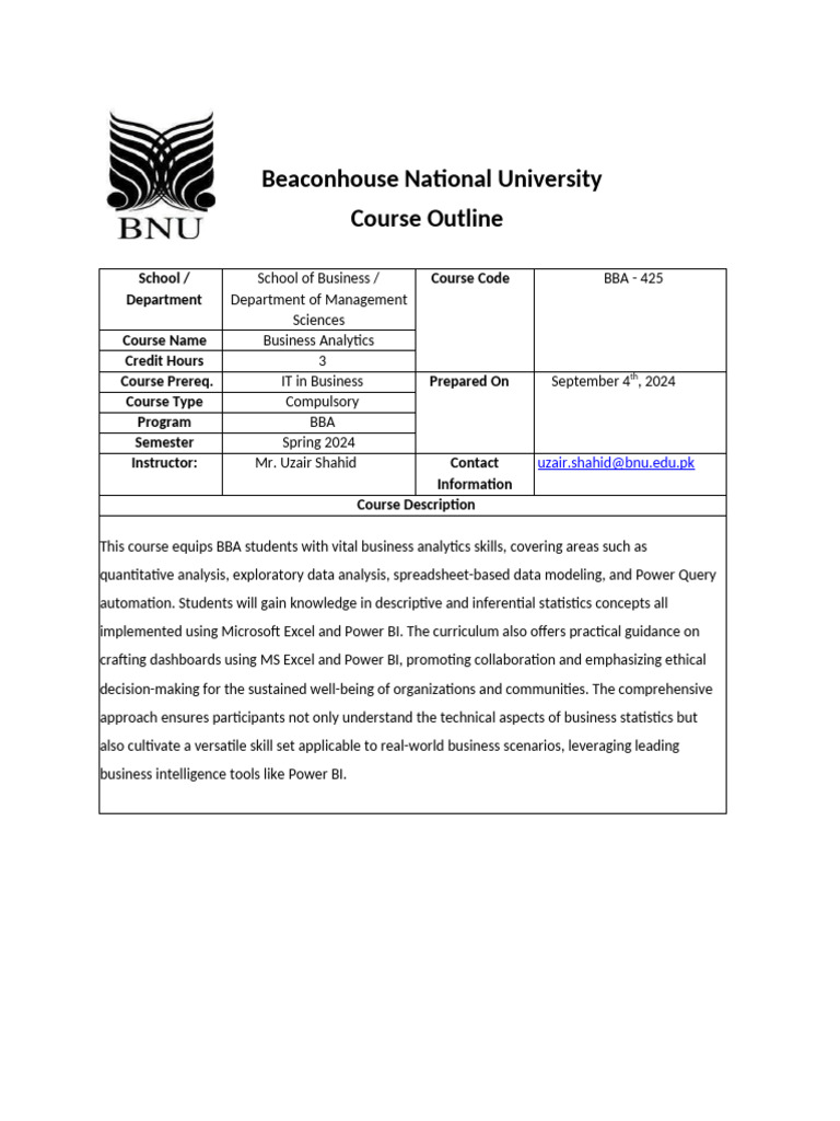 Course Outline Business Analytics BNU - BBA-425 | PDF | Analytics | Statistics