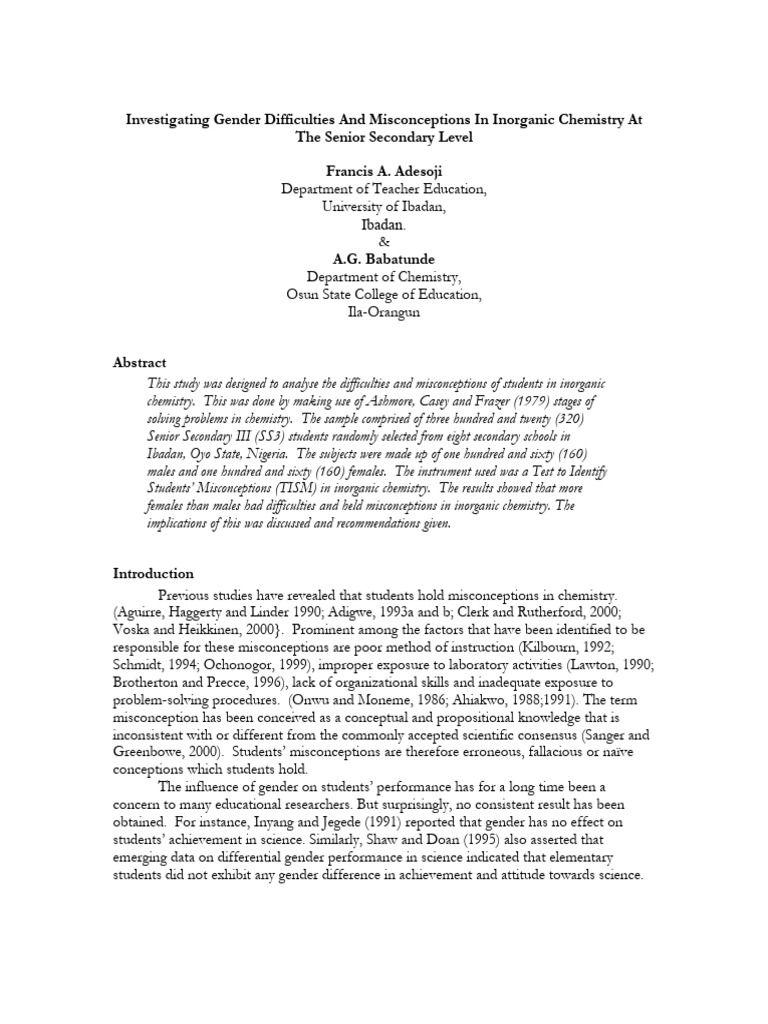 Investigating Gender Difficulties and Misconceptions in Inorganic ...