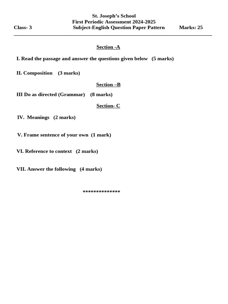Eng Cls 3 PA1 QP Pattern 2024-25 | PDF
