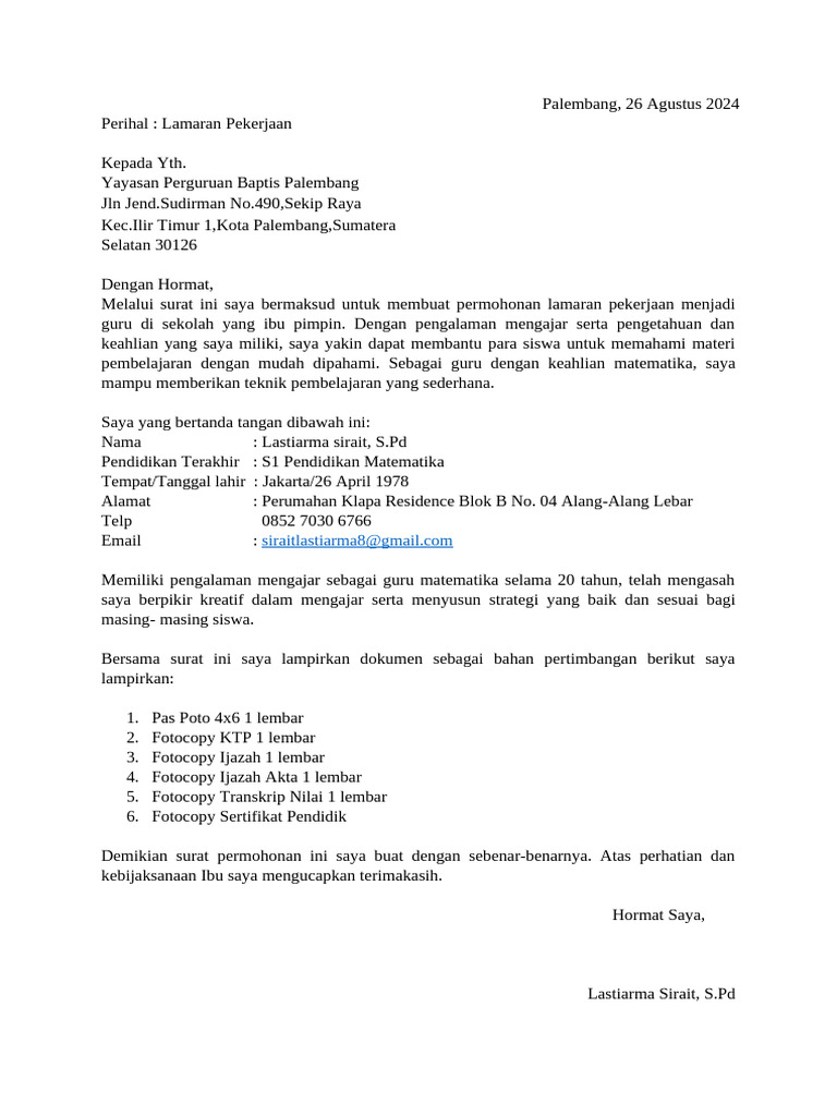 Surat Lamaran Pekerjaan Guru | PDF