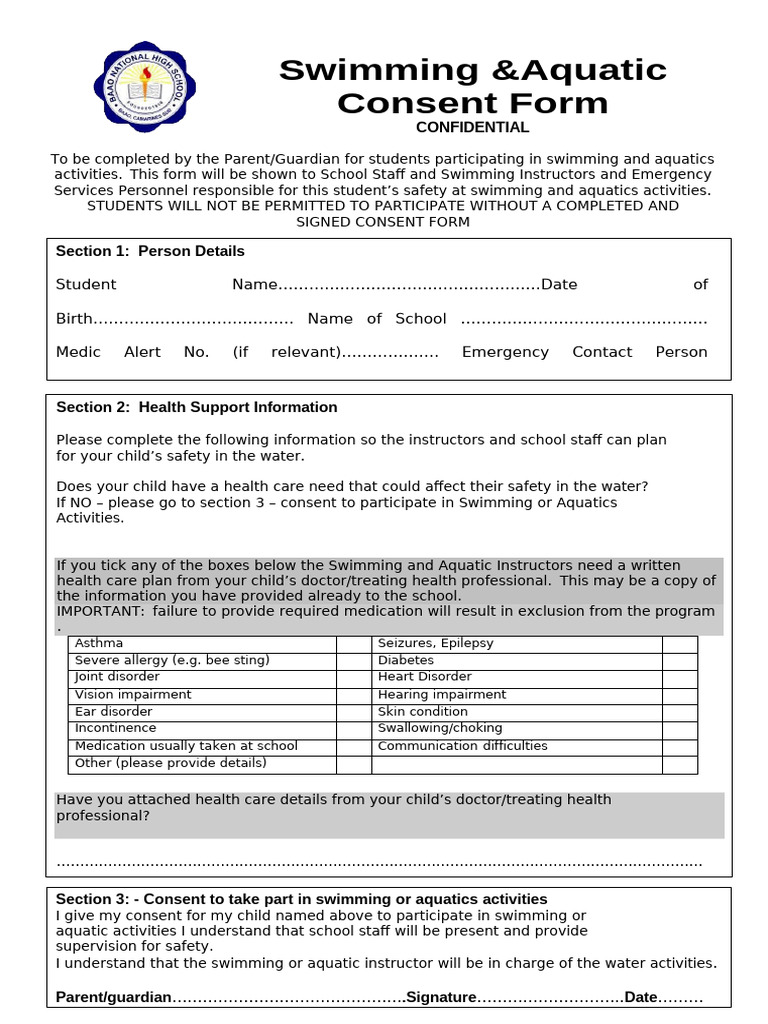 Swimming Lesson Consent Form | PDF