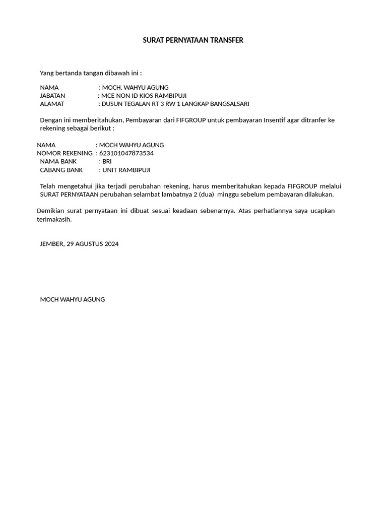 Surat Pernyataan Tranfer Moch Wahyu Agung | PDF | Bisnis | Pengelolaan Keuangan & Uang