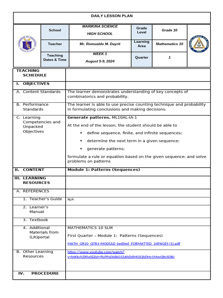DLP - MATH 10 - Q1 - wk1 - August 5-9 - Dayrit | PDF | Pattern | Sequence