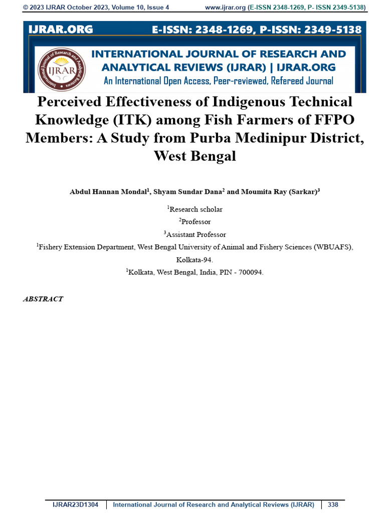 Perceived Effectiveness of Indigenous Technical Knowledge (ITK) Among Fish Farmers of FFPO ...