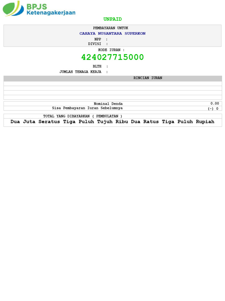 Tagihan Bpjs Ketenagakerjaan PT Cahaya Nusantara Superkon Agustus 2024 | PDF
