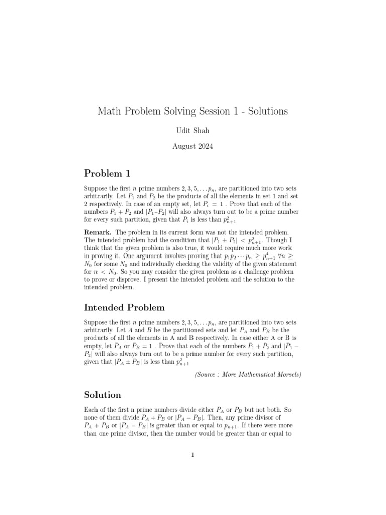 Math Problem Solving Session - 1 - Solutions | PDF | Mathematics | Mathematical Concepts