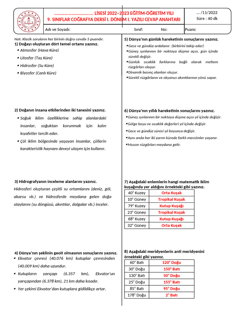9 Sinif 1 Donem 1 Yazili Cevap Anahtari 2022 2023 | PDF