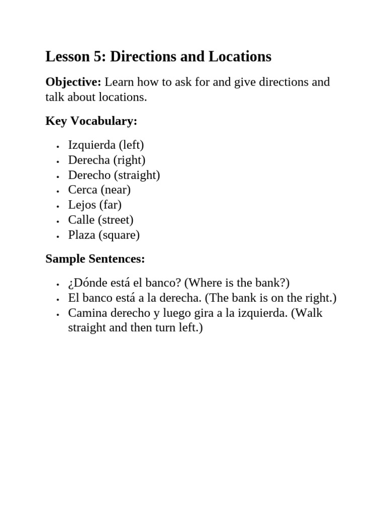 Spanish Lesson 5 - Directions and Locations | PDF