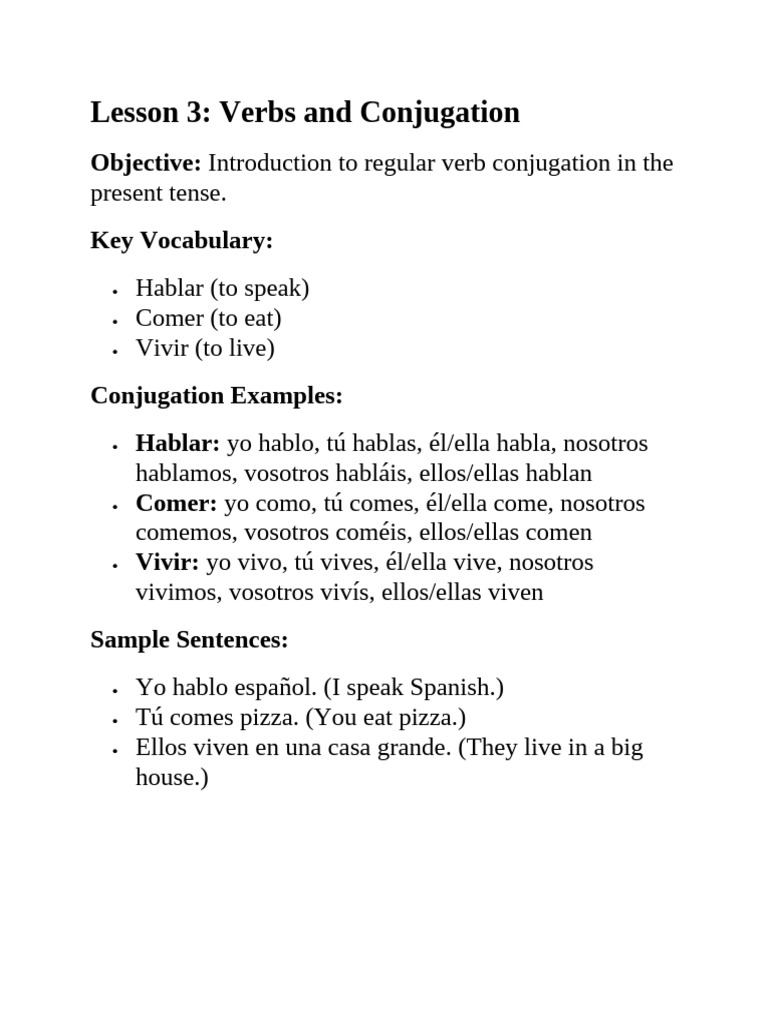Spanish Lesson 3 - Verbs and Conjugation | PDF