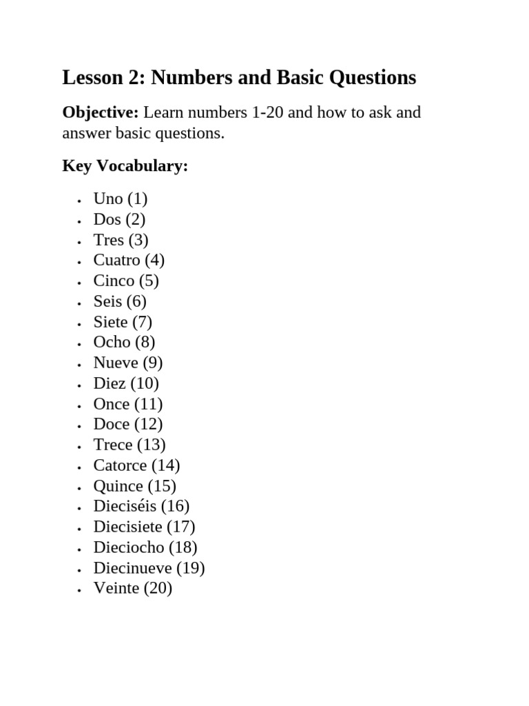Spanish Lesson 2 - Numbers and Basic Questions | PDF